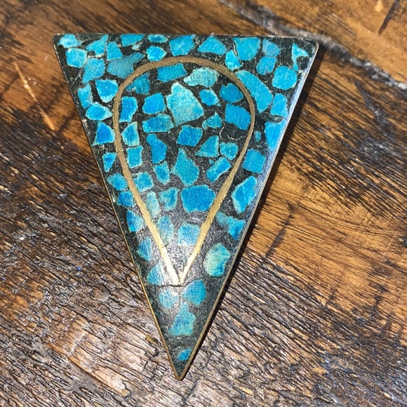 Jewelry | Indian Blue Mosaic Brass Inlay Brooch Triangle Shape Vintage ...